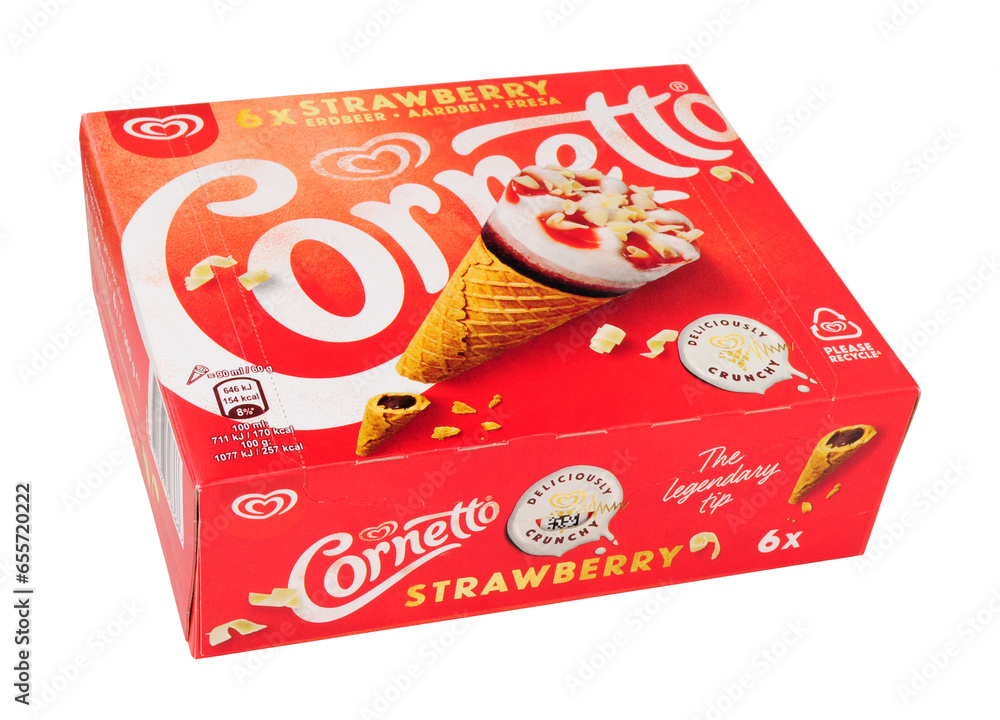 Walls strawberry and chocolate flavoured cornetto in a pack containing ...
