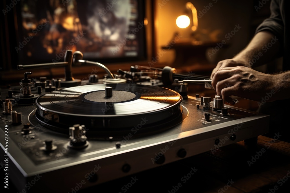 A man is shown playing a record on a turntable. This image can be used ...