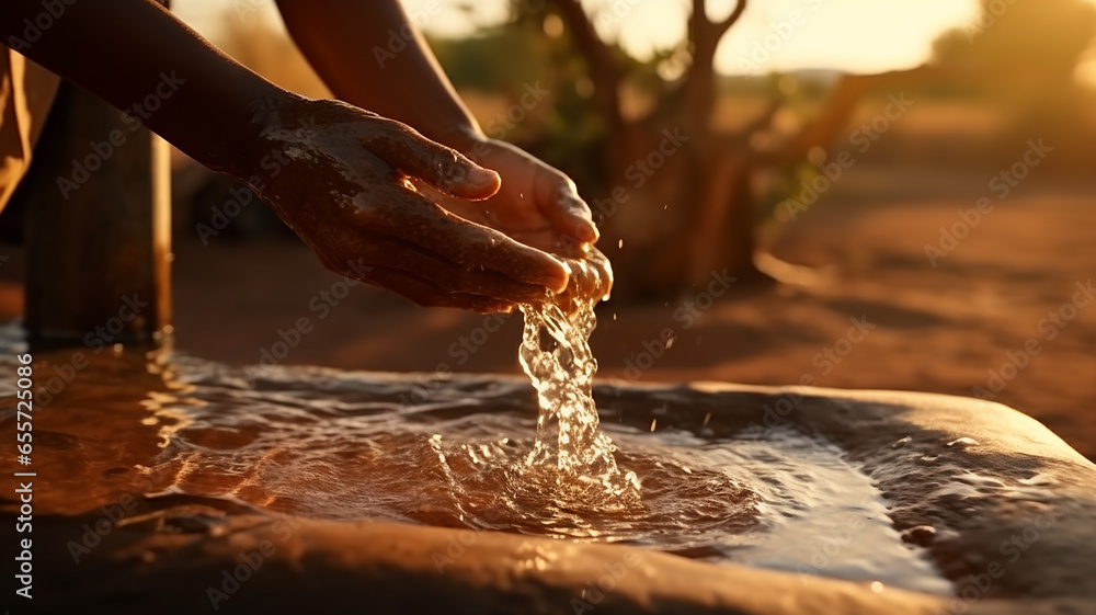 African extends hand Drink water to quench your thirst. At the village ...