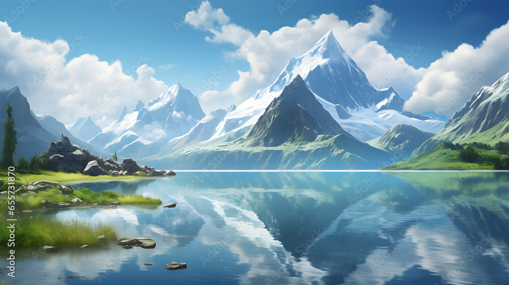 A peaceful summer landscape with a mirror-like lake surrounded by ...