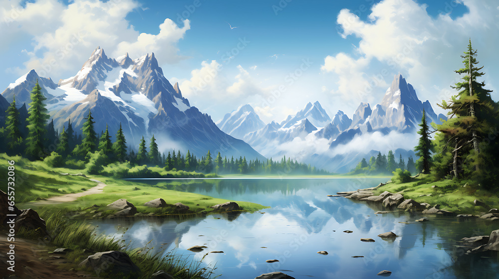 A peaceful summer landscape with a mirror-like lake surrounded by ...