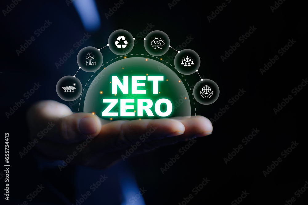Net zero icon on businessman hand. Net zero for environmental, social ...