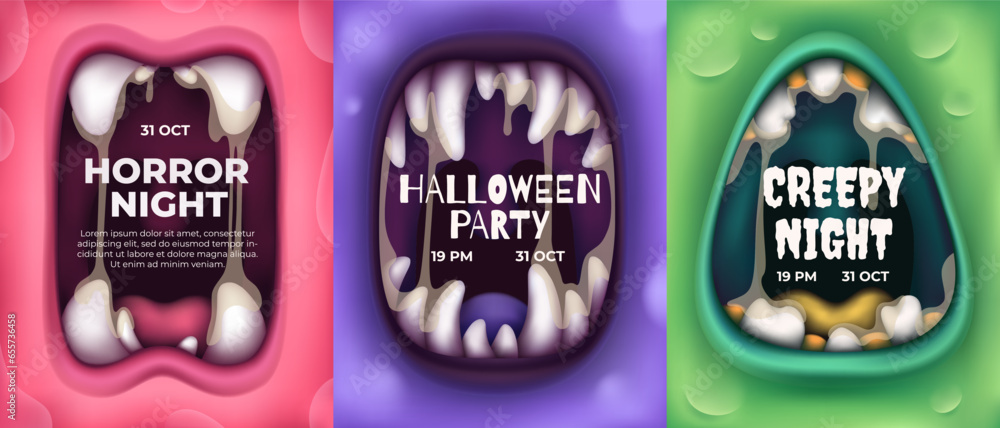 Monster screaming mouth. Halloween party poster. Horror creepy night ...