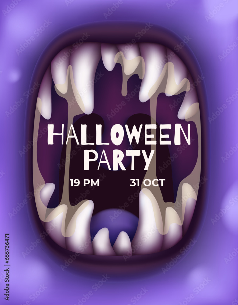 Monster screaming mouth. Halloween party poster. Horror creepy night ...
