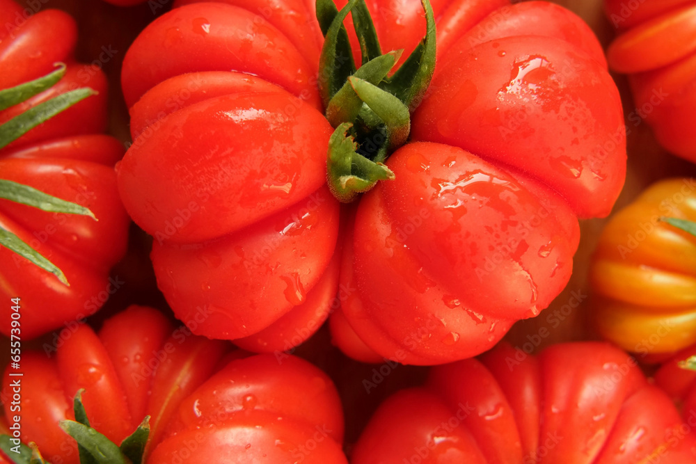 Delicious red tomato background. Vegetable market, agriculture organic ...