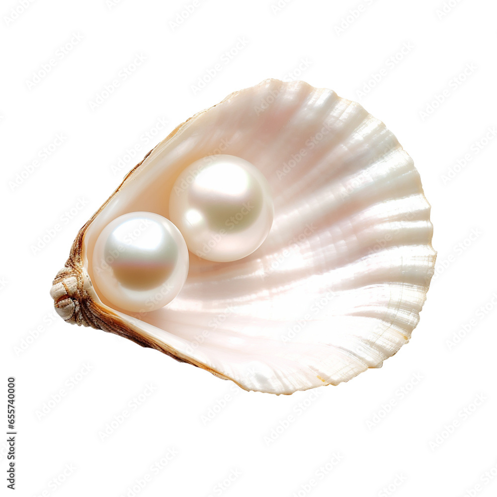 white two realistic pearl in a sea shell, Open oyster with white pearl ...