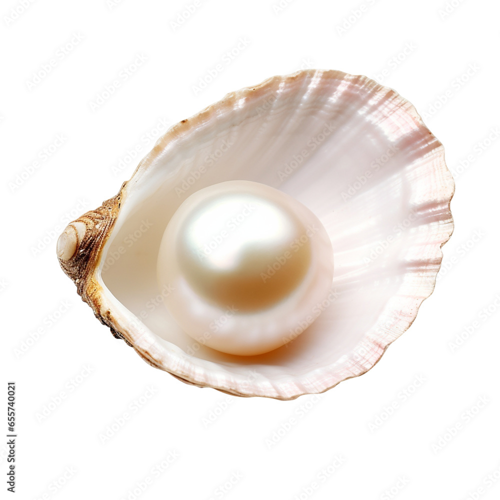 white single realistic pearl in a sea shell, Open oyster with white ...