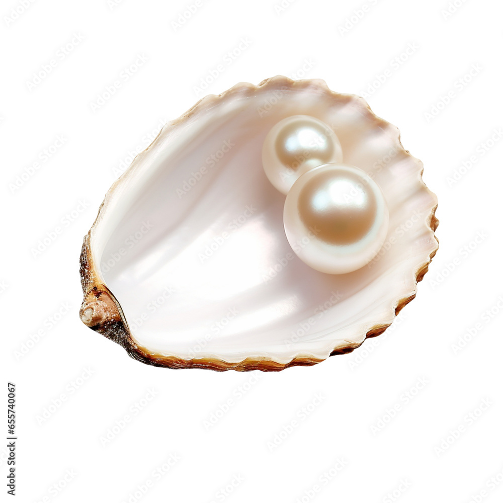 white two realistic pearl in a sea shell, Open oyster with white pearl ...