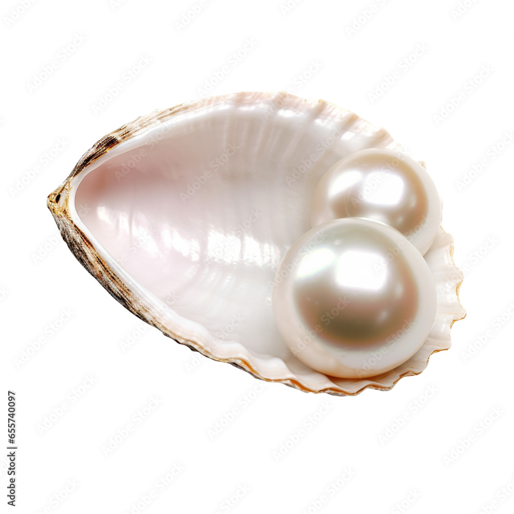 white two realistic pearl in a sea shell, Open oyster with white pearl ...