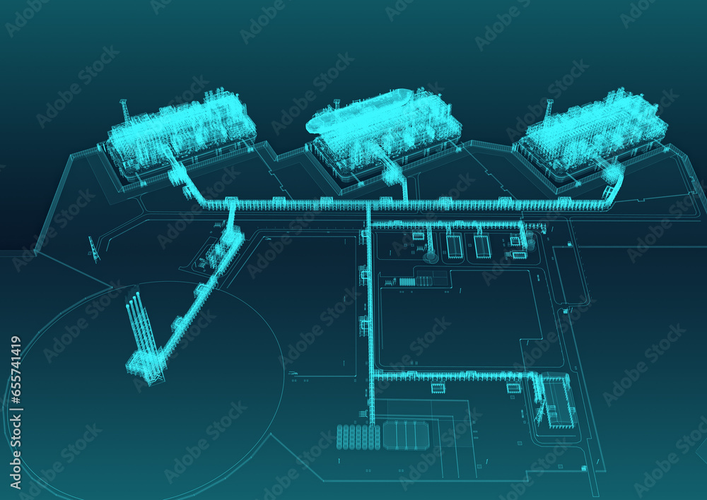LNG plant based on gravity. Scheme. 3d-rendering Stock Illustration ...