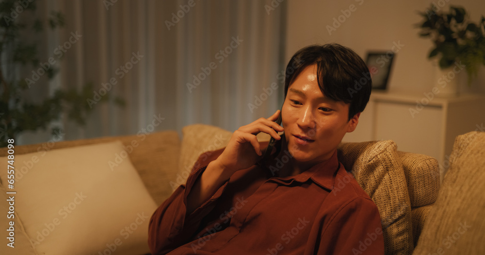 Excited South Korean Man Answering a Phone Call. Handsome Asian Male Sits Comfortably on the ...