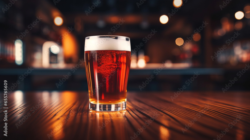 Product photograph of Beer pint glass on a table in a nigth bar ...
