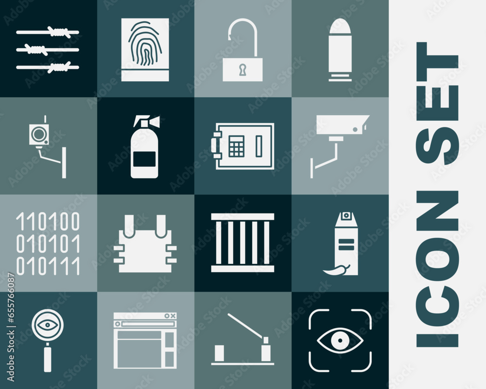 Set Eye scan, Pepper spray, Security camera, Open padlock, Fire extinguisher, Barbed wire and ...