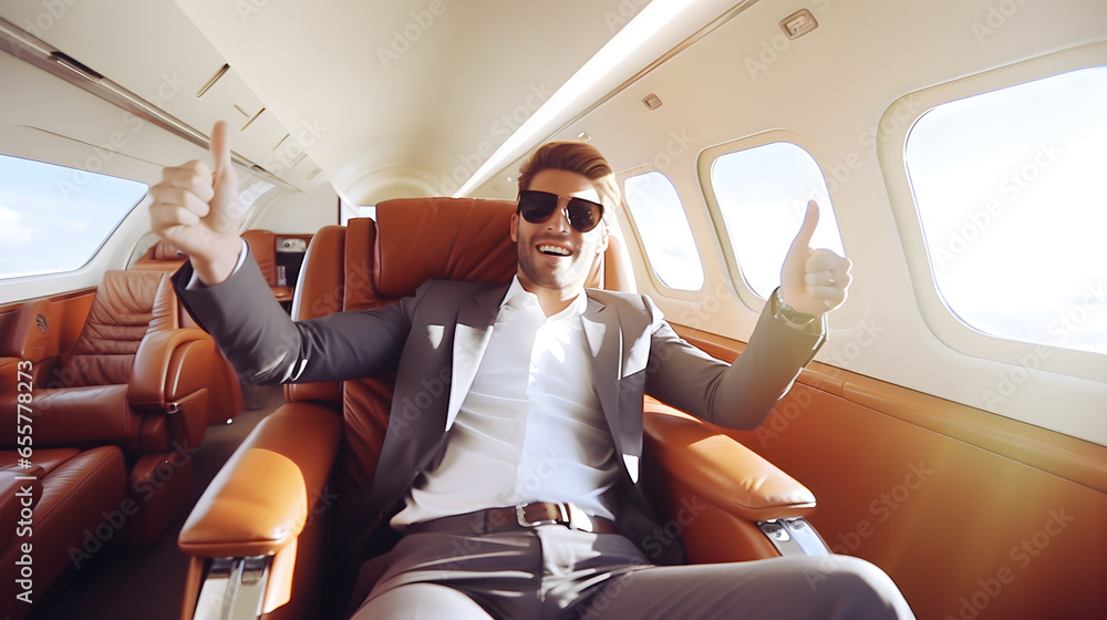 successful handsome man blogger, billionaire or rich businessman flying ...