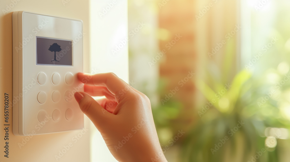 Female hand touches screen of smart home ai technology connected ...