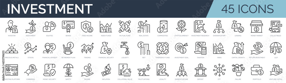 Set of 45 outline icons related to investment. Linear icon collection ...