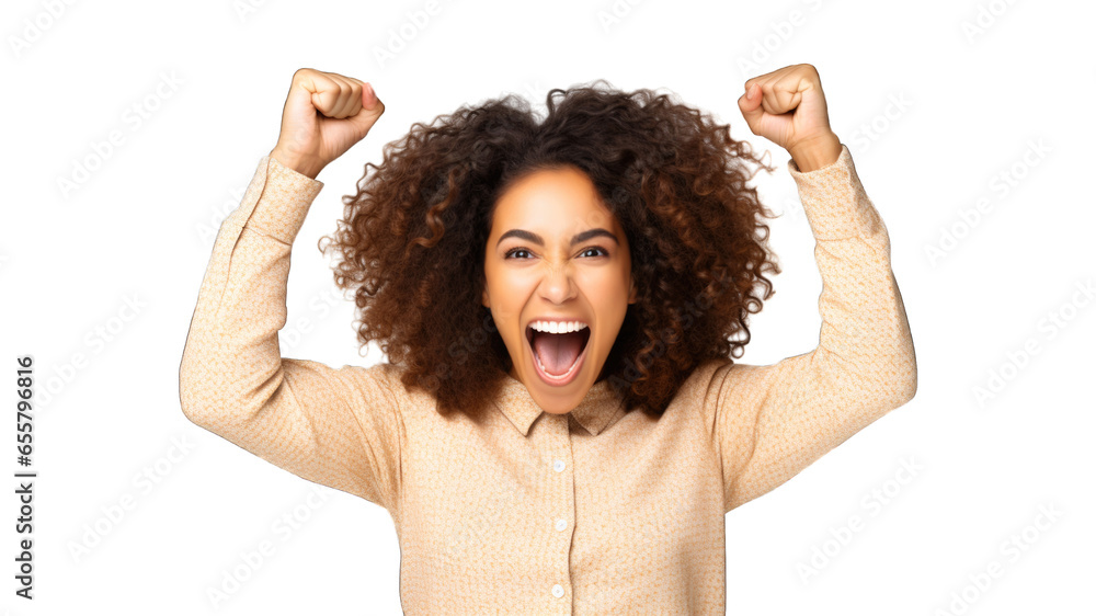Successful business woman rejoicing, raising hands up and celebrating ...