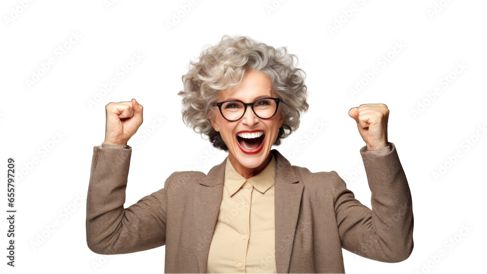 Successful business woman rejoicing, raising hands up and celebrating ...