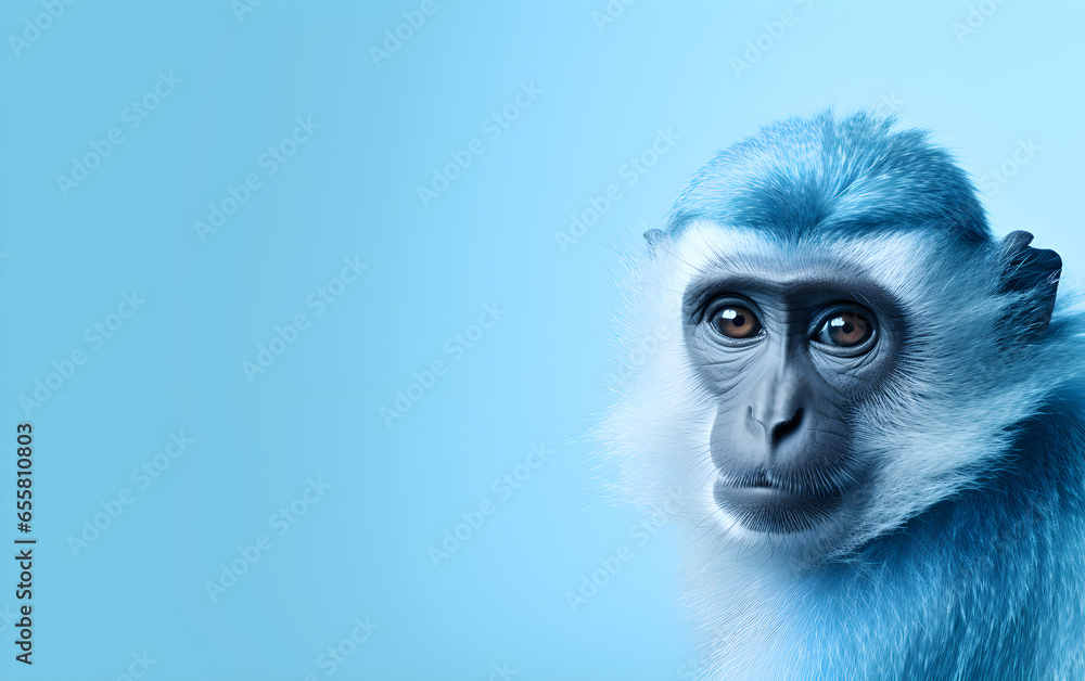 Portrait photo of funny blue monkey. Close up on a modern blue pastel ...