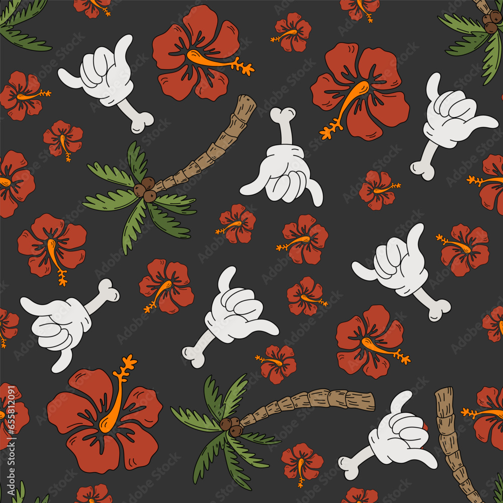 Summer vibes hawaii horror halloween seamless pattern in retro cartoon ...