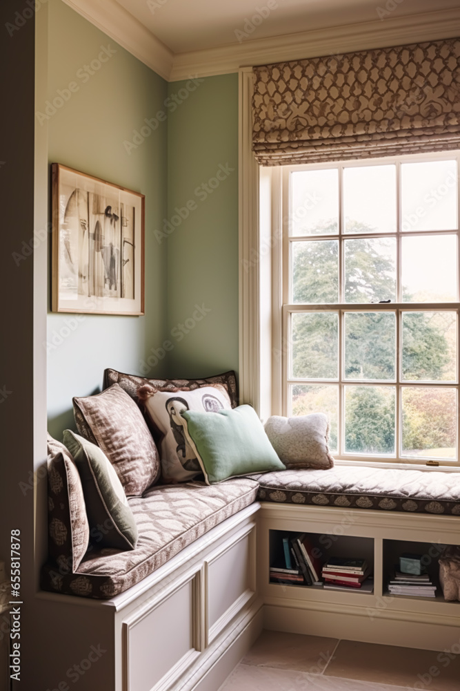 Window seat, interior design and comfort at home, reading nook with ...