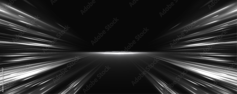 Abstract glowing speed lines, moving cars with white headlights on a ...