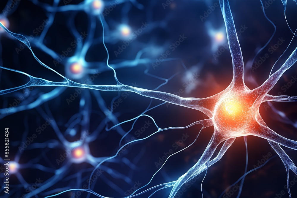 Conceptual illustration of neuron cells with glowing link knots in abstract dark space, high ...