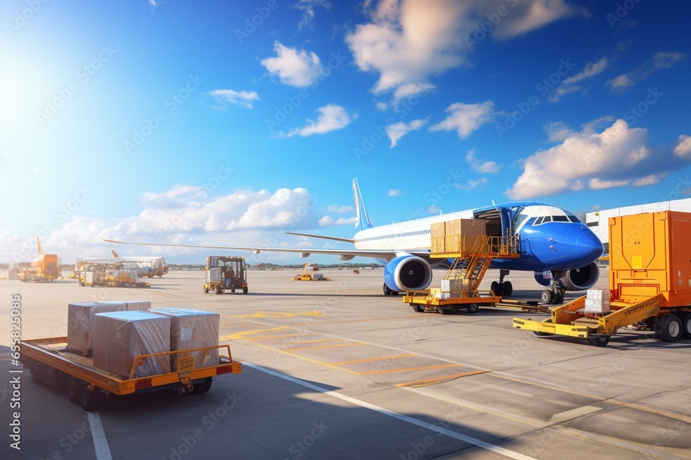 Airplane loading cargo on runway with shipping packages, freight ...