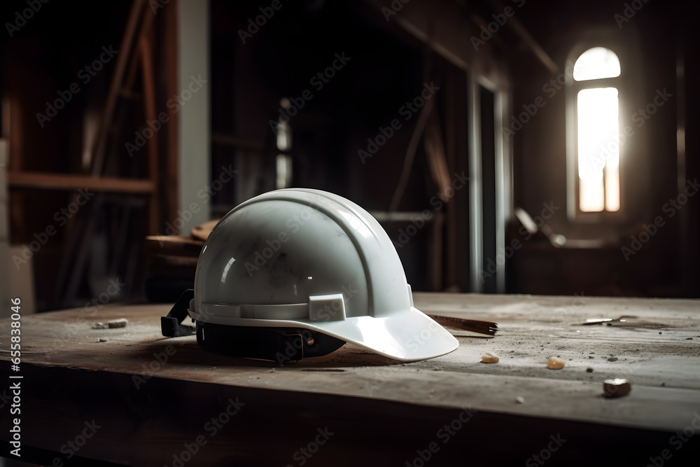 White hard hat on construction site background with copy space ...