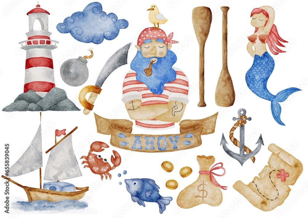 Set Pirate and nautical elements illustrated in watercolor isolated in ...