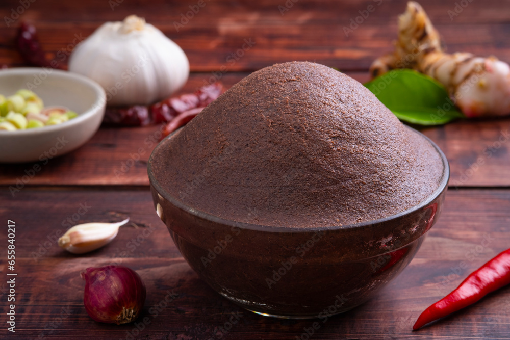 Shrimp Paste in glass bowl ,prawn sauce is a fermented condiment ...
