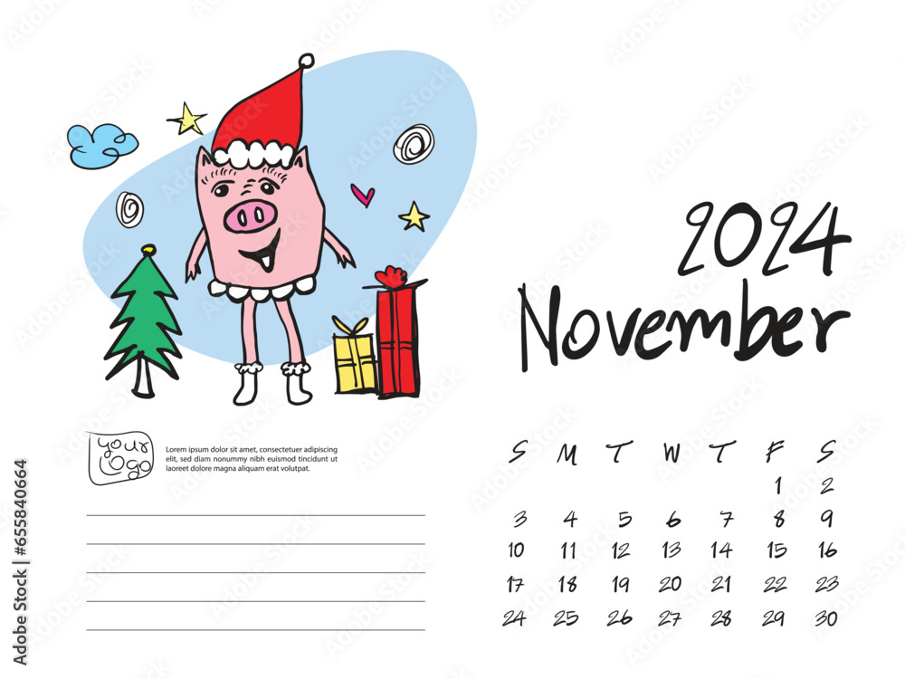 Calendar 2024 design template with Cute Pig vector illustration ...