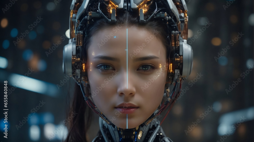 Portrait of a woman android humanoid artificial intelligence robot neon ...