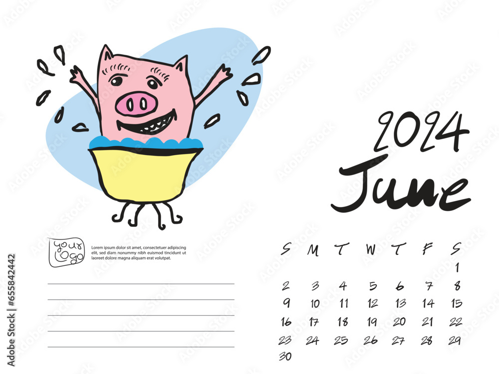Calendar 2024 design template with Cute Pig vector illustration, June ...