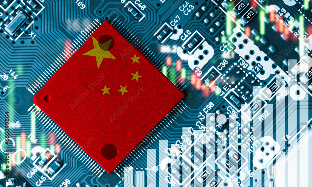 China flag print screen on Microchip processor on electronic board for ...