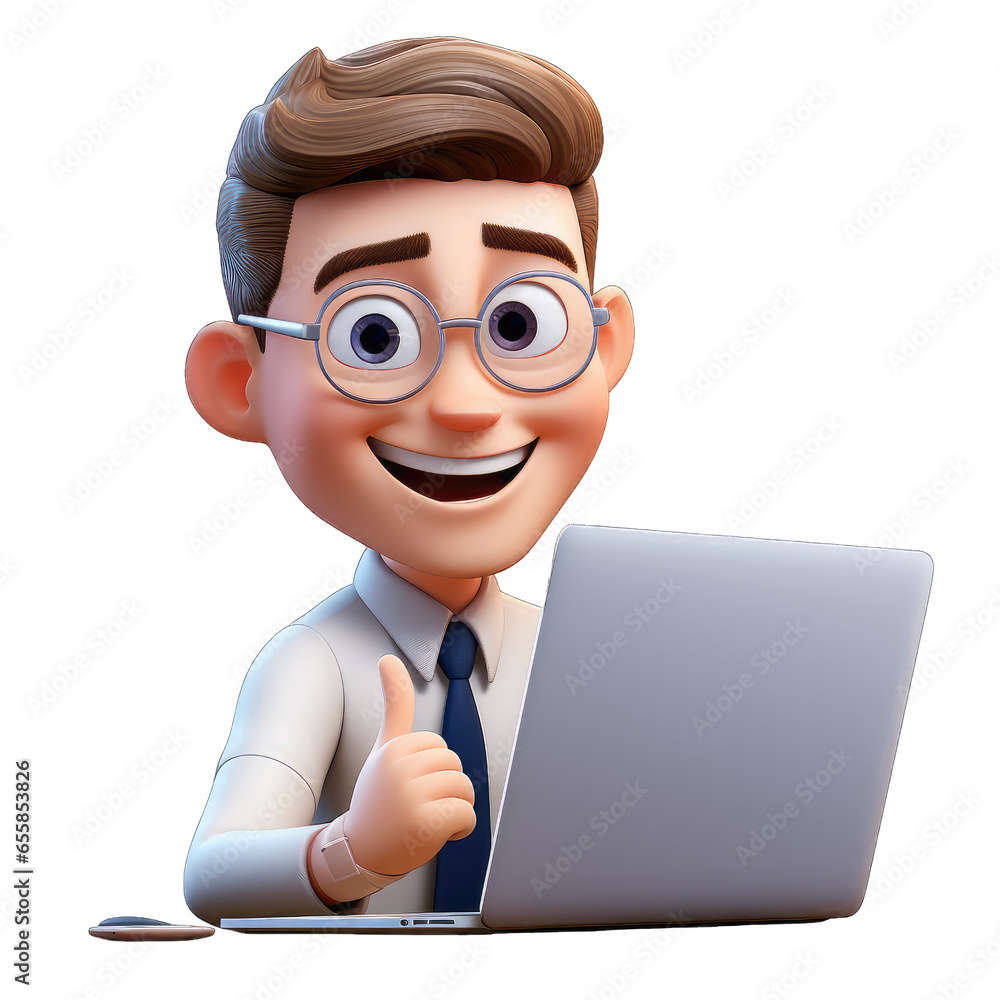 Emoji happy male businessman using a laptop on a transparent background ...
