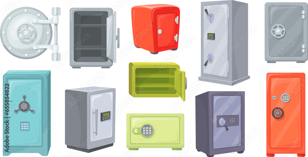 Cartoon metal safes. Iron strongbox, metallic safe boxes and bank vault ...