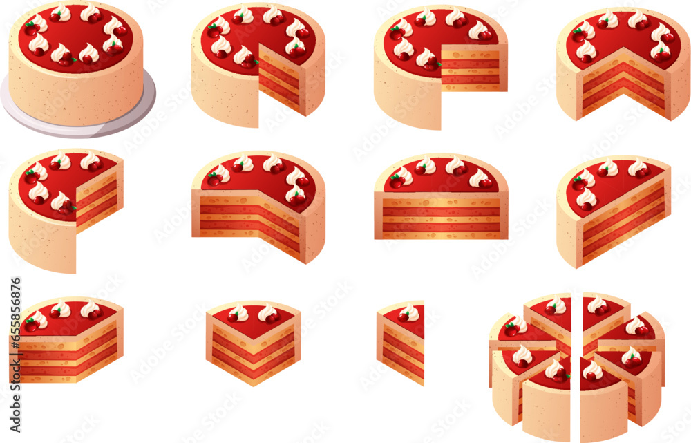 Cake parts. Isometric pie slices constructor, cartoon whole cakes cut ...