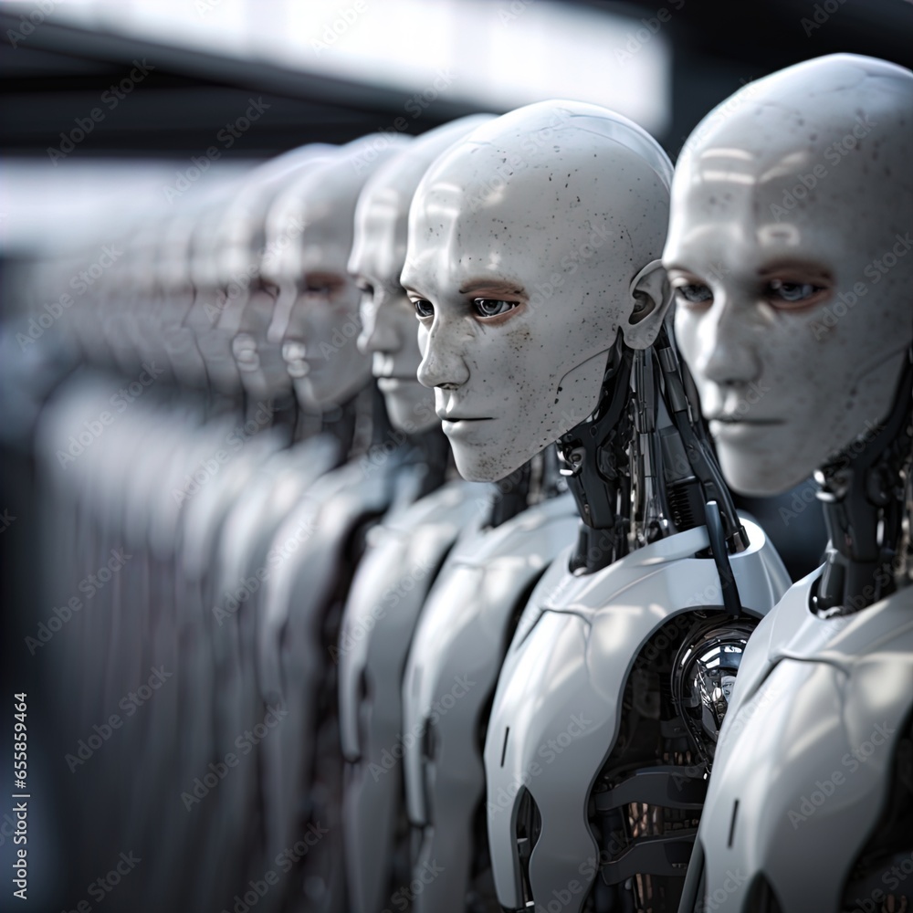 A line of humanoid robots stands silently. Great for stories on ...
