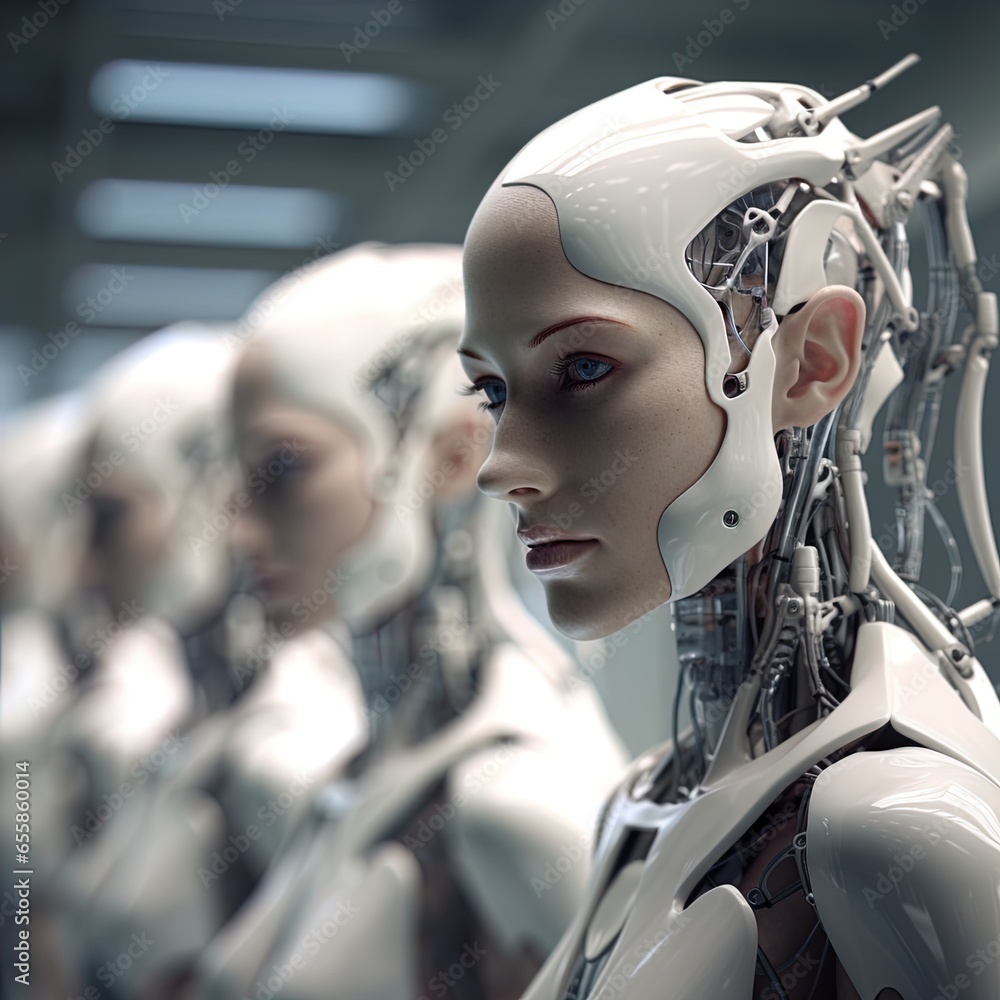 A line of humanoid robots stands silently. Great for stories on ...