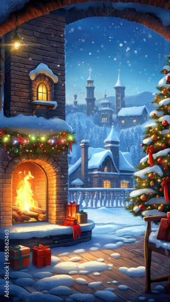 fireplace with christmas decorations animation for social media story ...