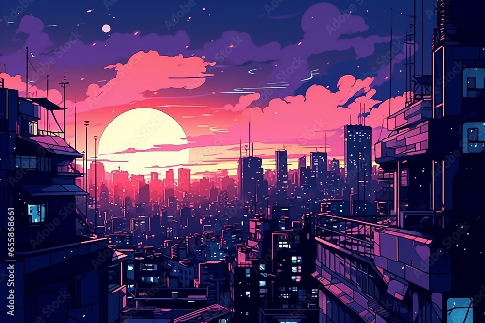 Illustration depicting Tokyo skyline with anime-style aesthetic ...