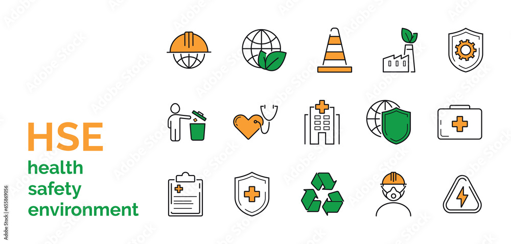 HSE color icon set in green, orange. Worker protection, Health Safety ...