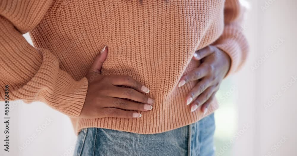 Sick woman, hands and stomach pain for health, indigestion and nausea ...