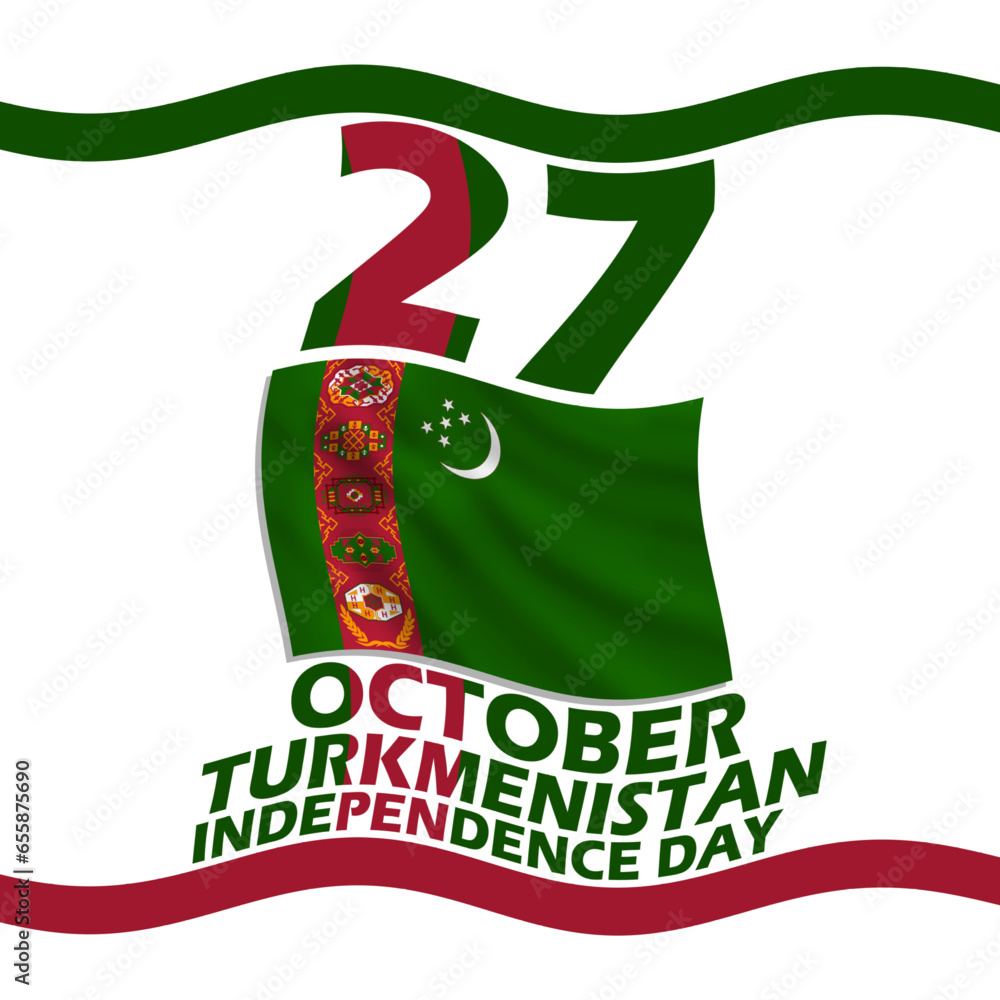 Turkmenistan flag flying with bold text and numbers on white background ...