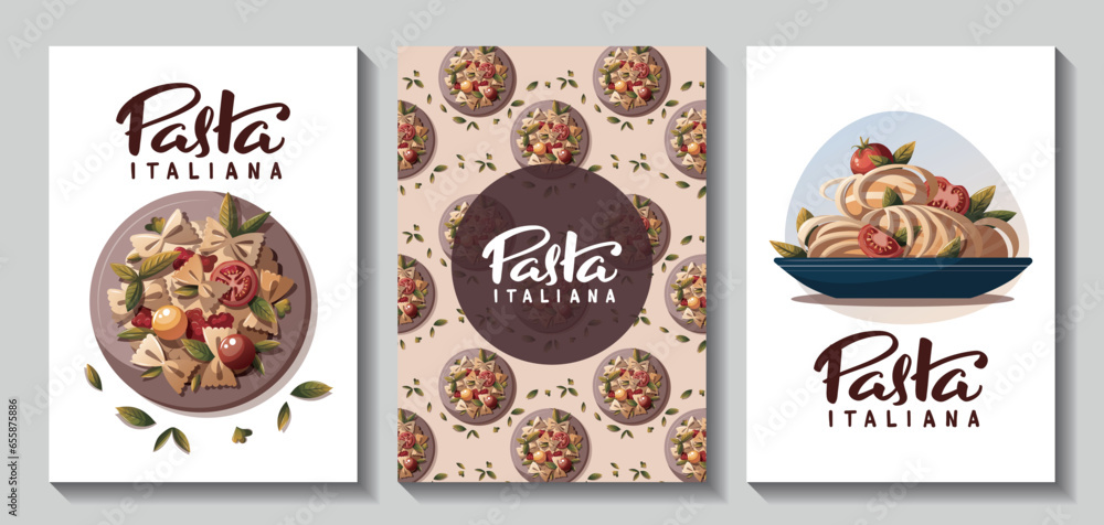 Set of square cards with Italian pasta. Italian food, healthy eating ...