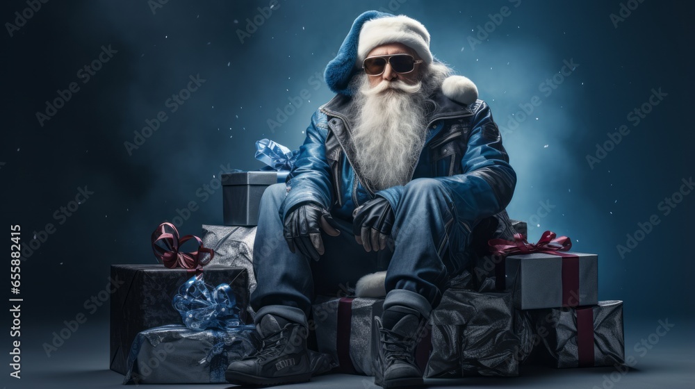 Portrait of Santa Claus in blue suit, leather jacket and jeans, sitting ...