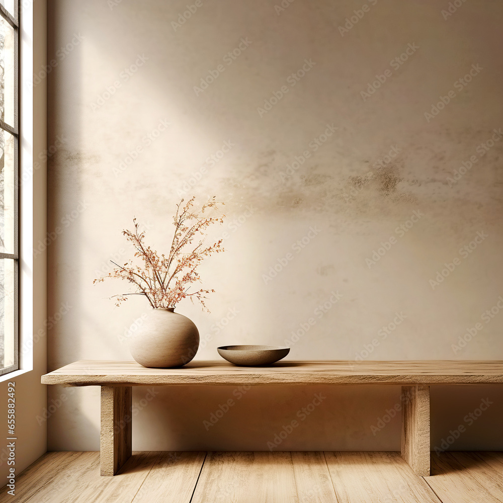 Rustic wood bench against beige stucco wall with copy space. Japandi ...
