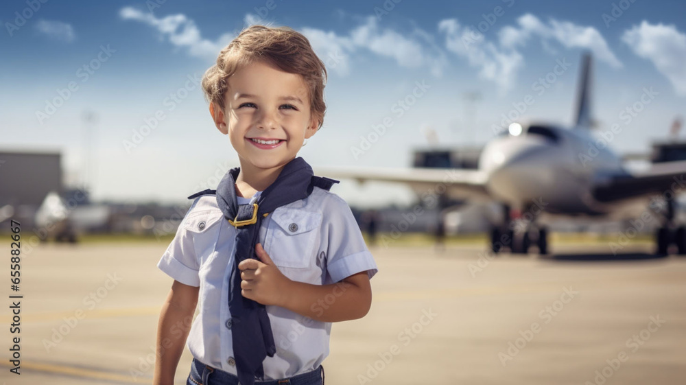 Dreaming of the Skies Young Adventurous Kid Boy Pilot, Donning Pilot's ...