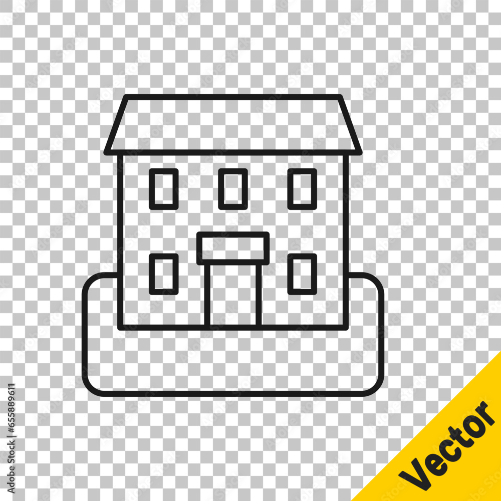 Black line School building icon isolated on transparent background ...